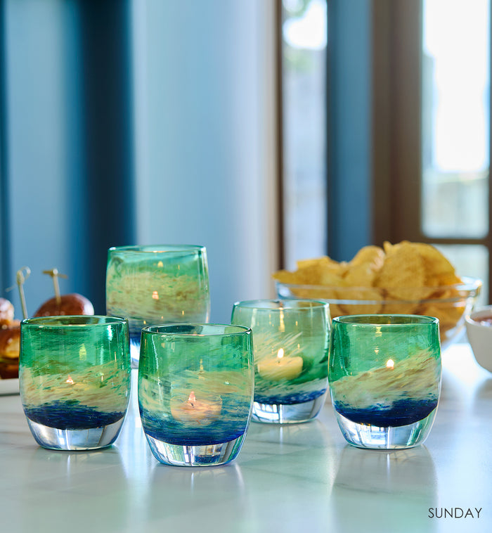 SUNDAY | white, green and blue hand-blown glass candle holder | glassybaby