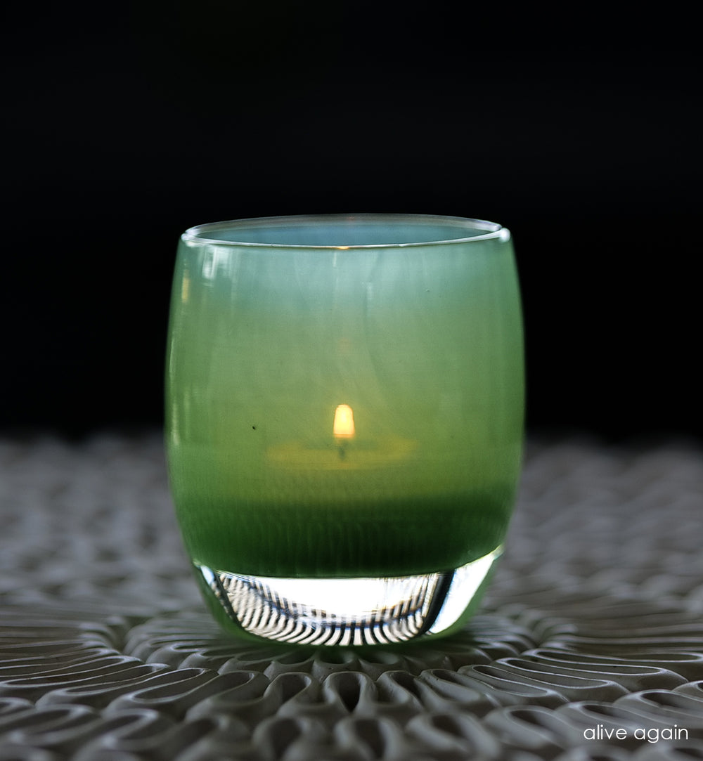 alive again | vibrant green hand-blownn glass candle holder | glassybaby