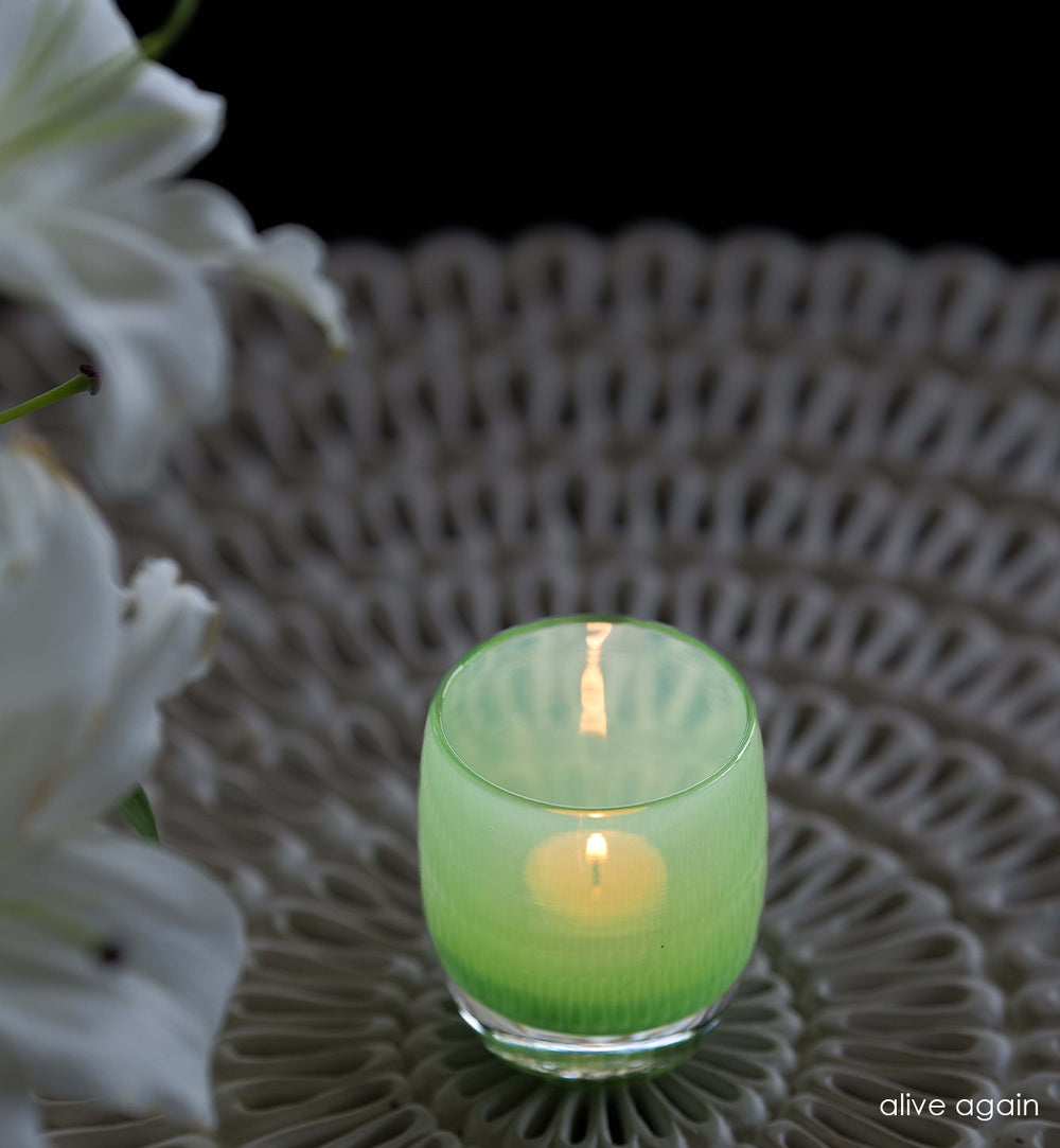 alive again | vibrant green hand-blownn glass candle holder | glassybaby
