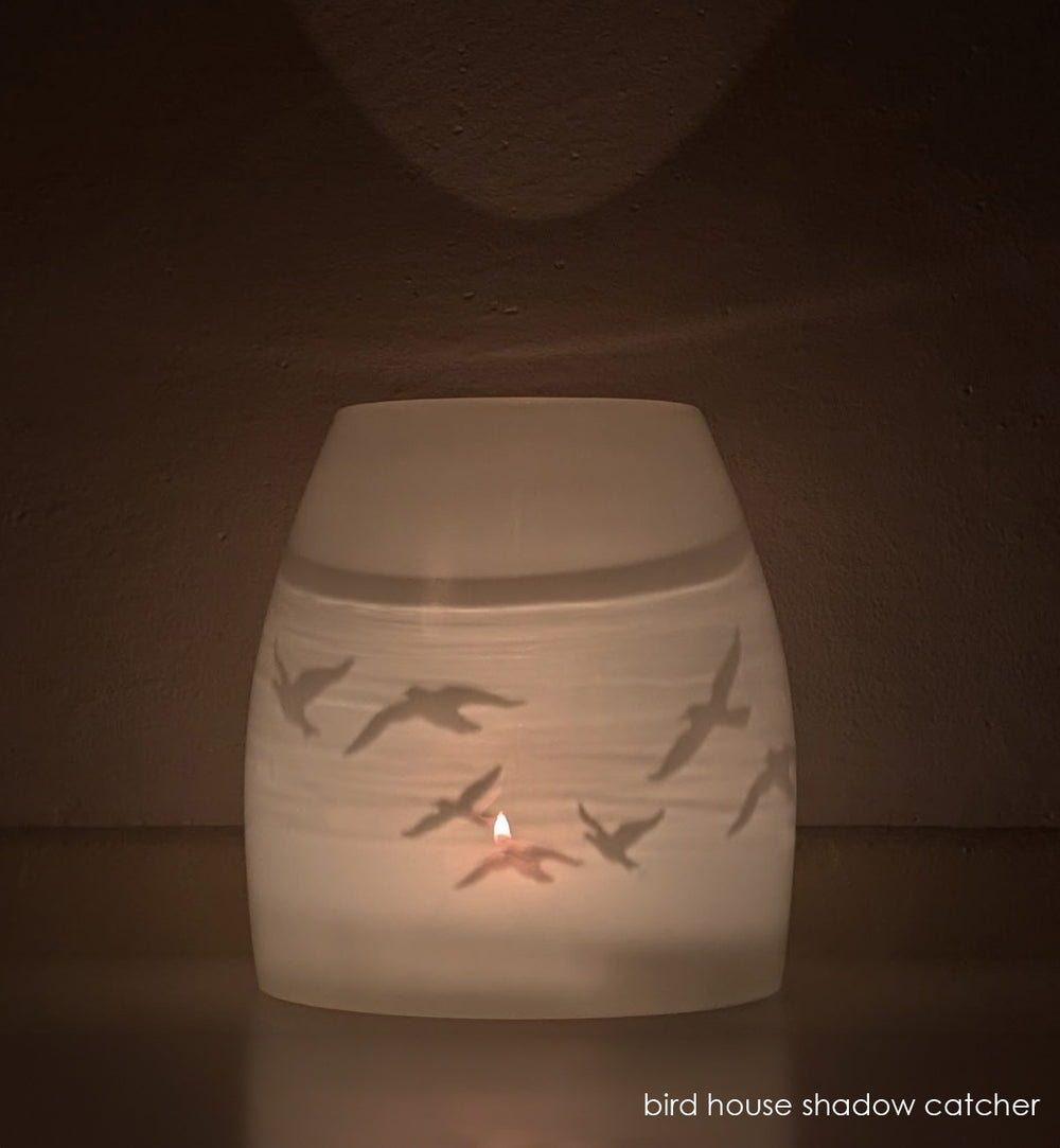 bird house shadow catcher | hand-blown glass cover and hand etched ...