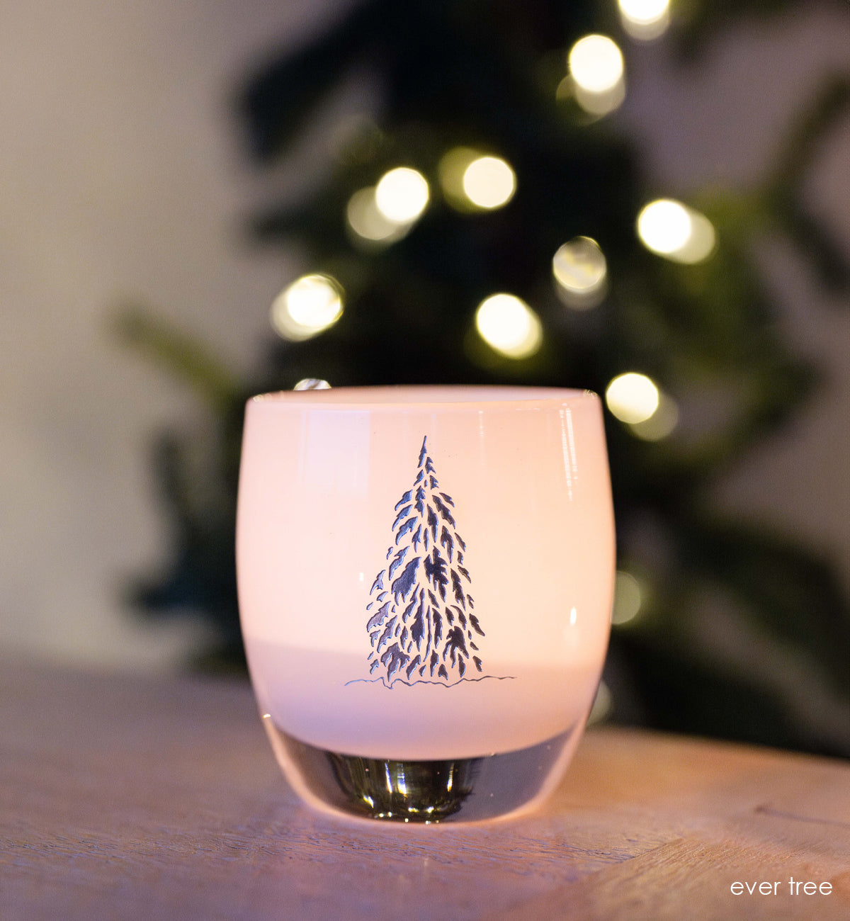 ever tree | white with silver etched tree, hand-blown glass votive ...