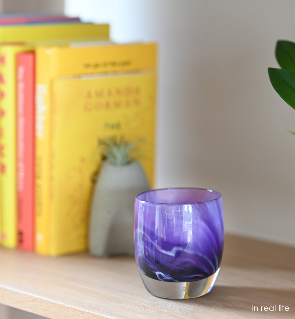 in real life | purple swirled hand-blown glass candle holder | glassybaby
