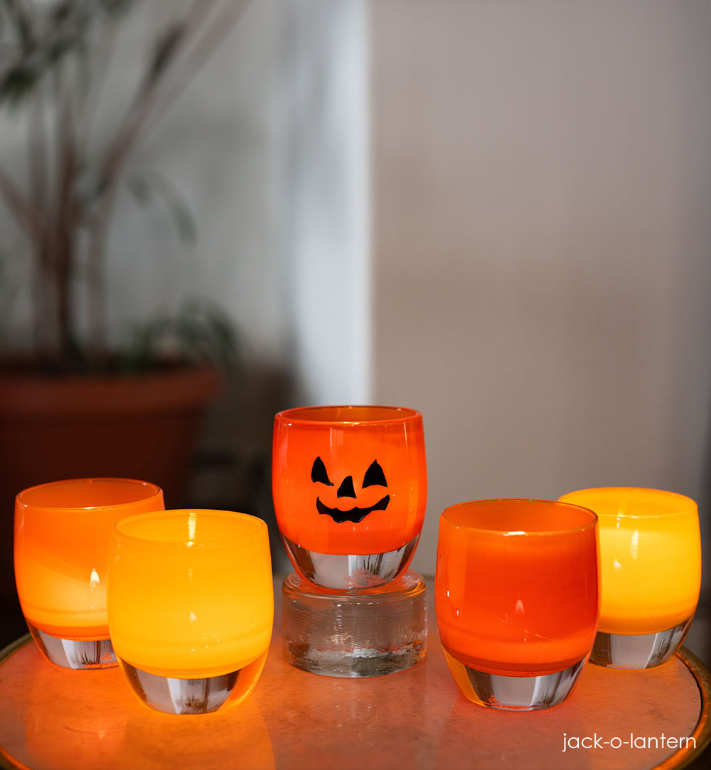jack-o-lantern | Halloween etched orange hand-blown glass votive candle ...