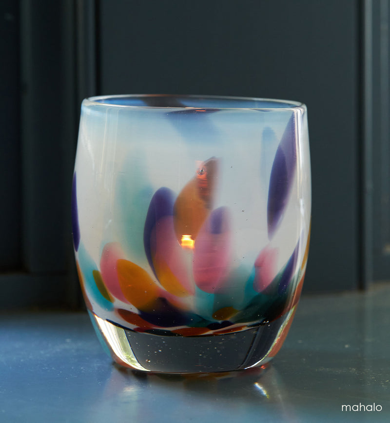 mahalo | multicolored white hand-crafted glass candle holder | glassybaby