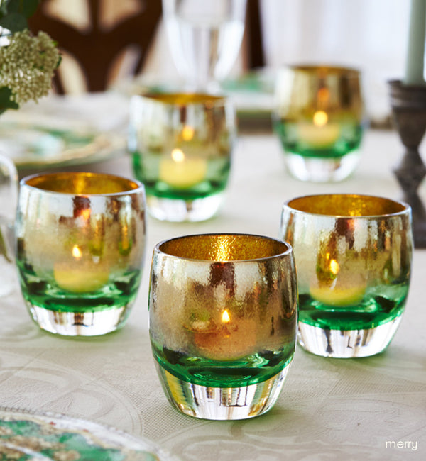 merry | green with gold shimmer hand-crafted glass candle holder ...