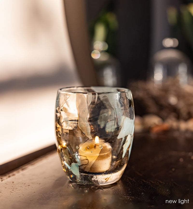 new light | gray, light blue shards melted onto the clear hand-blown ...