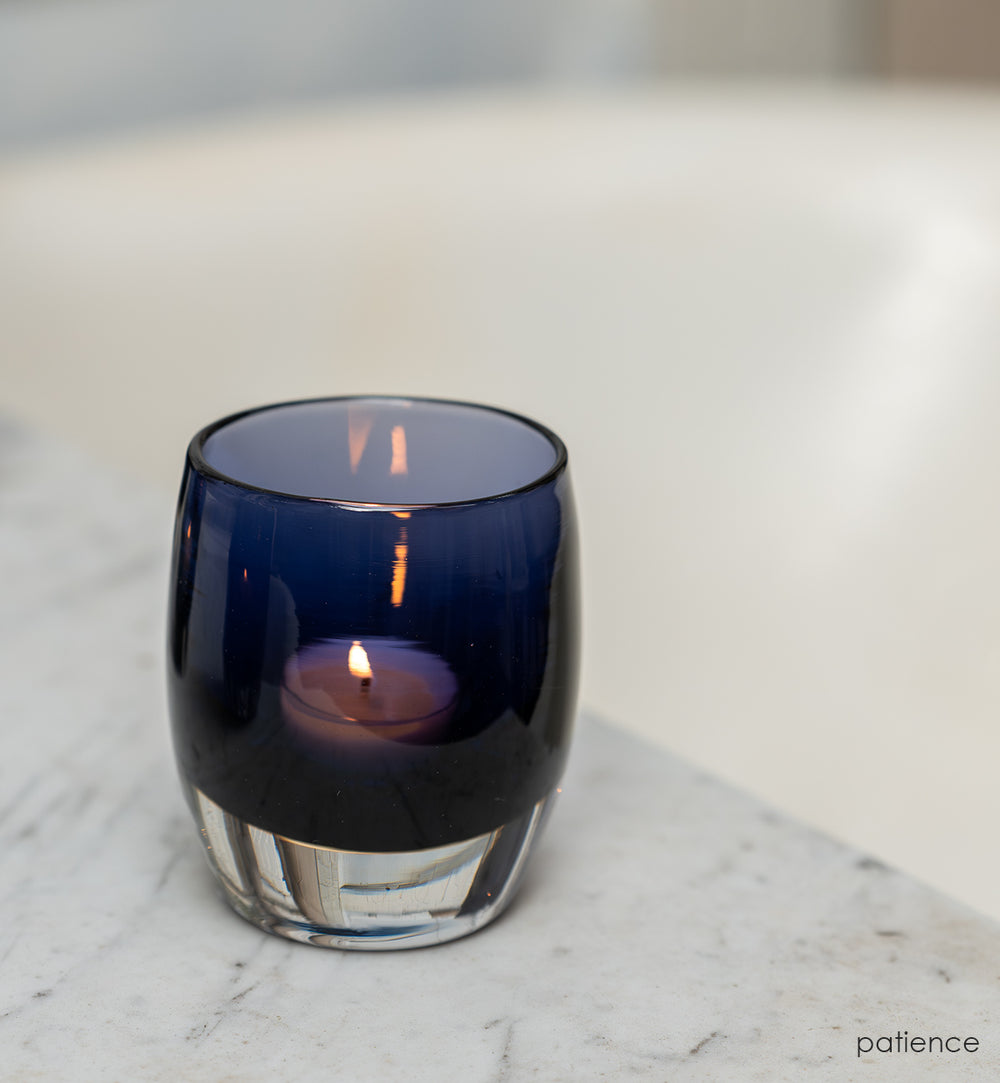 patience | indigo hand-blown glass candle holder | glassybaby