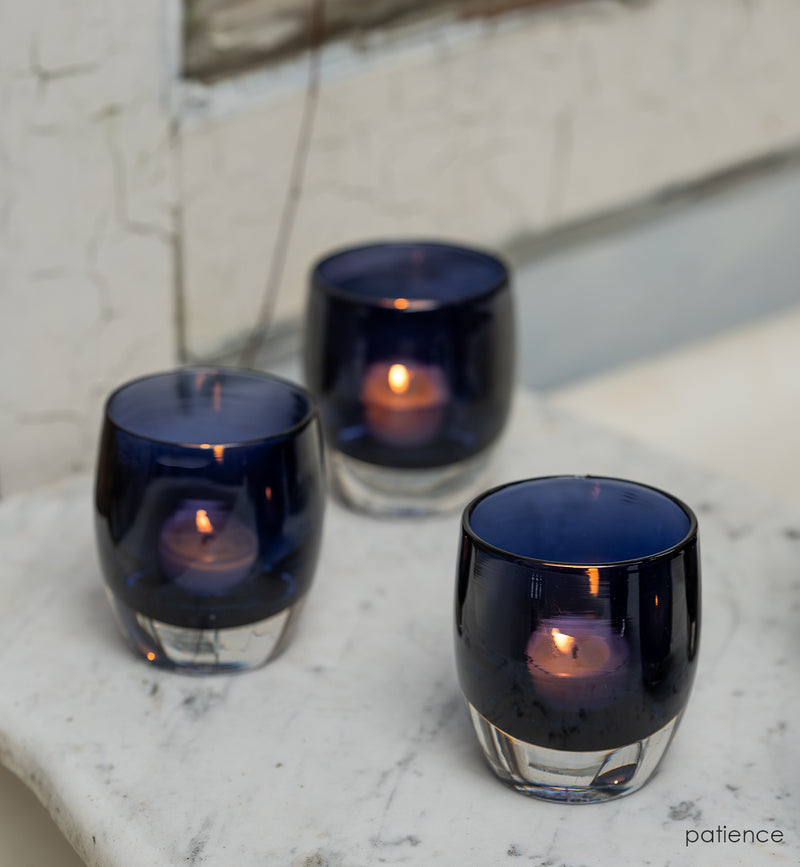 patience | indigo hand-blown glass candle holder | glassybaby