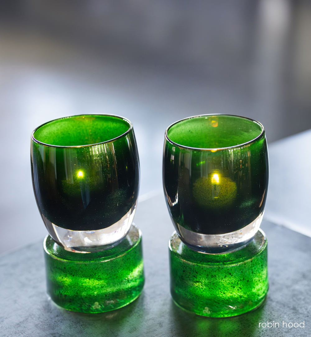 robin hood | green with sparkles hand-blown glass candle holder ...