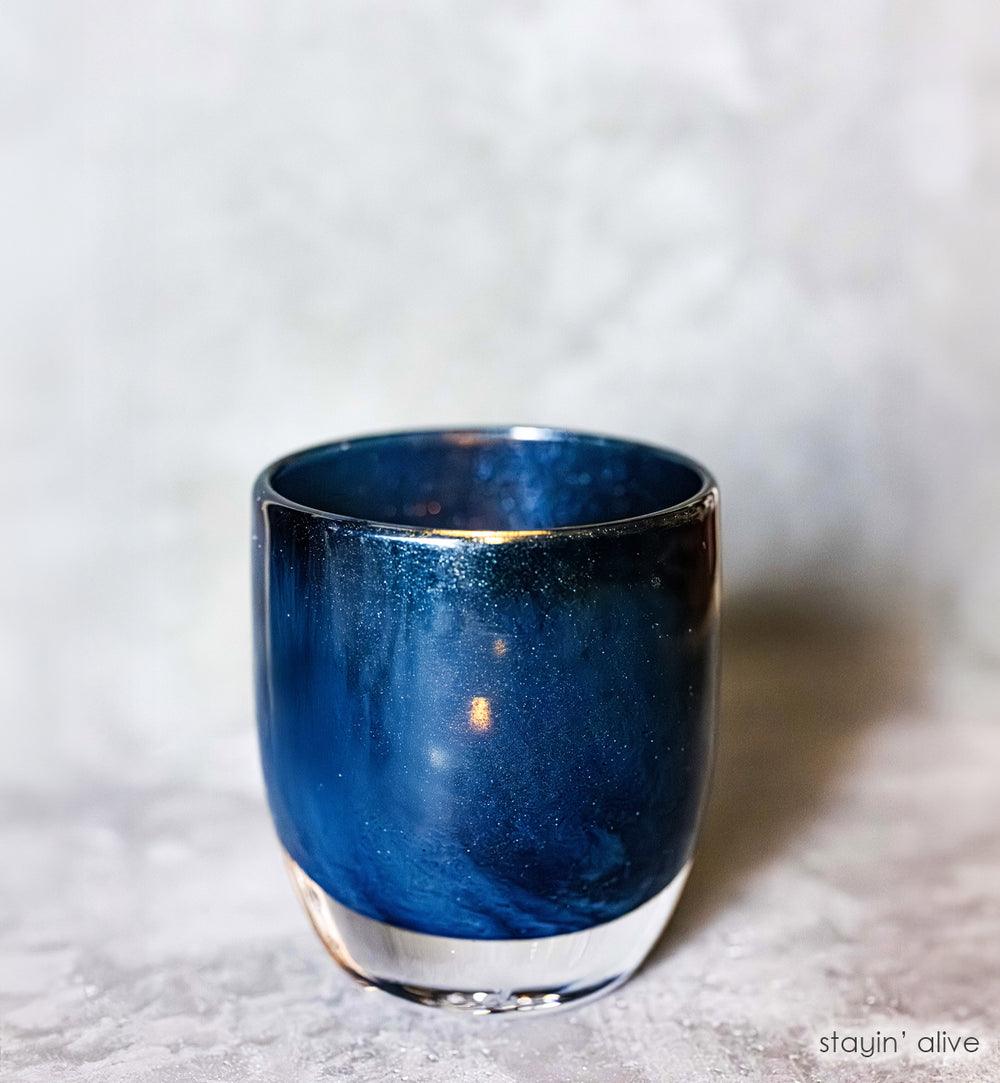 stayin’ alive | blue with sparkles hand-blown glass candle holder ...